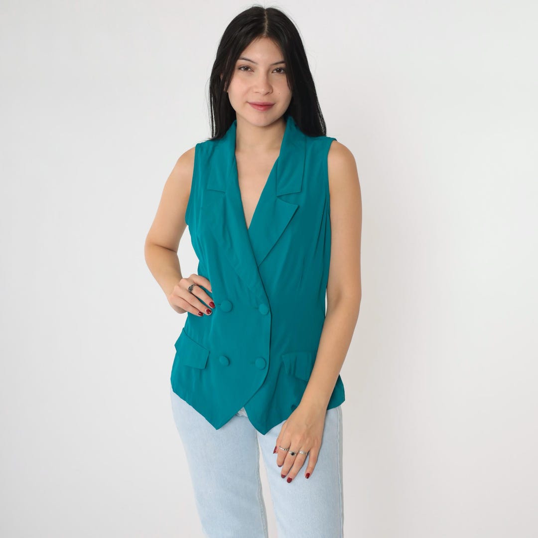 90s Button up Vest Teal Double Breasted Vest Vintage Sleeveless Rayon ...