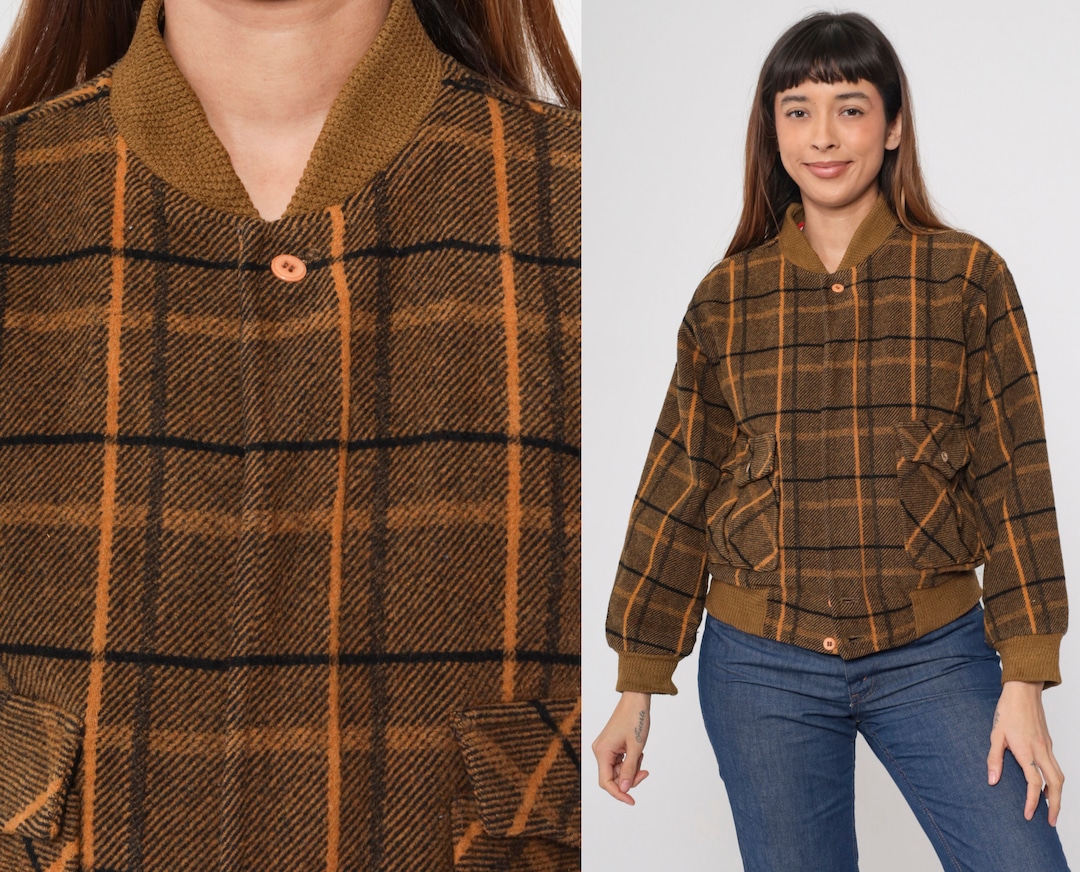 Vintage 70s Wool Plaid Jacket Brown and Black Checkered Bomber With ...