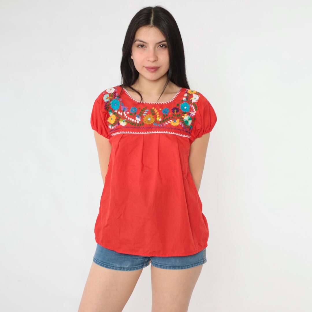Mexican Embroidered Top 90s Red Floral Blouse Peasant Hippie Short Puff ...
