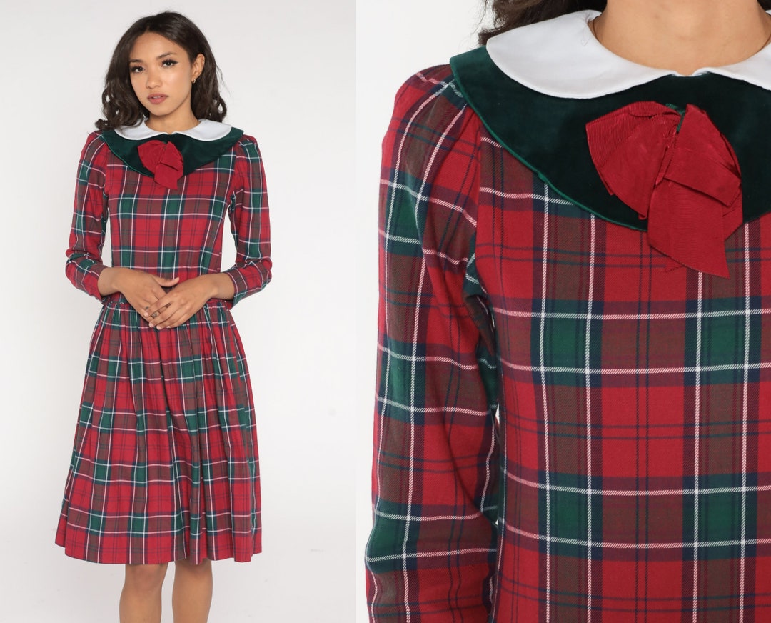 Red Plaid Dress 80s Peter Pan Collar Midi Dress Velvet Ribbon - Etsy
