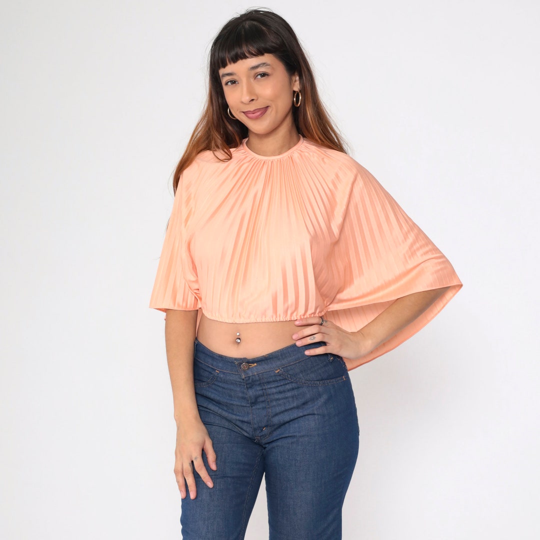 70s Pleated Kimono Blouse Peach Crop Top Boho Hippie Shirt Wide Sleeve ...