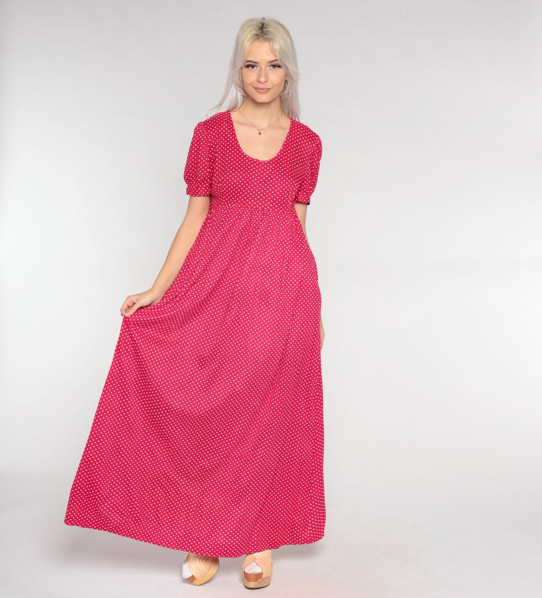 Polka Dot Dress 70s Red Maxi Dress Puff Sleeve Empire Waist Retro Long Day Dress Feminine ...