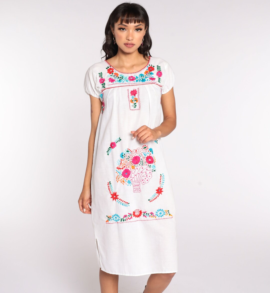 White Mexican Dress Embroidered Midi PUFF SLEEVE Boho Cotton Tunic ...