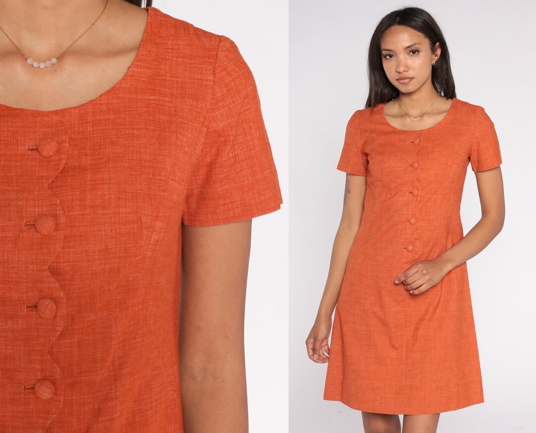 Burnt Orange Shift Dress 60s Mod Mini Dress Button up Retro - Etsy