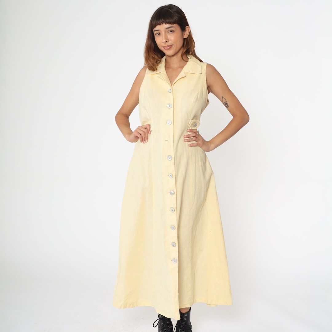 Pale Yellow Linen Dress 90s Keyhole Back Midi Dress Sleeveless Dress ...