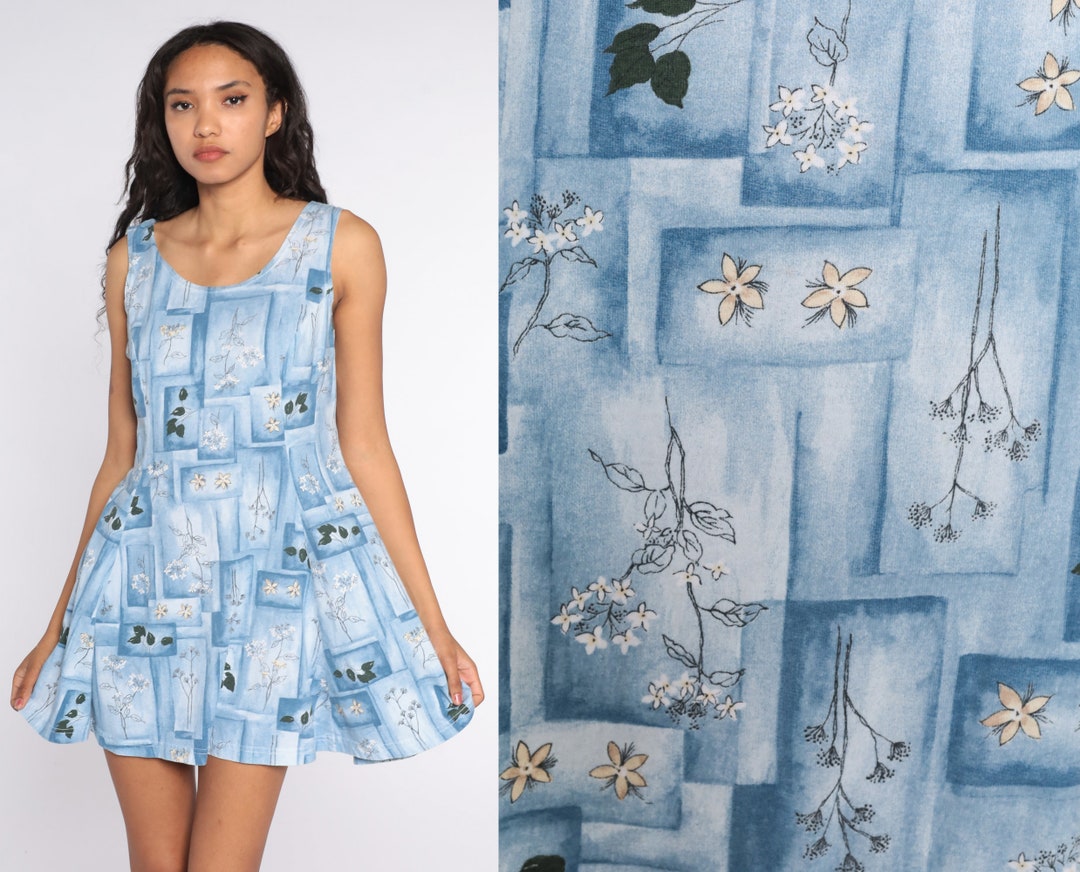 Floral Summer Dress 90s Sundress Blue Grunge Mini Floral Sun Dress ...