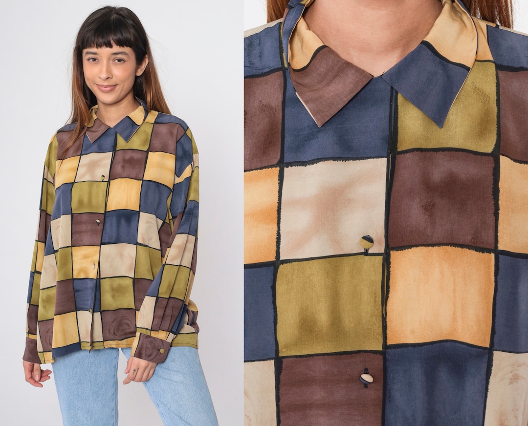 Checkered Blouse 90s Button up Shirt Retro Square Checkerboard Print ...
