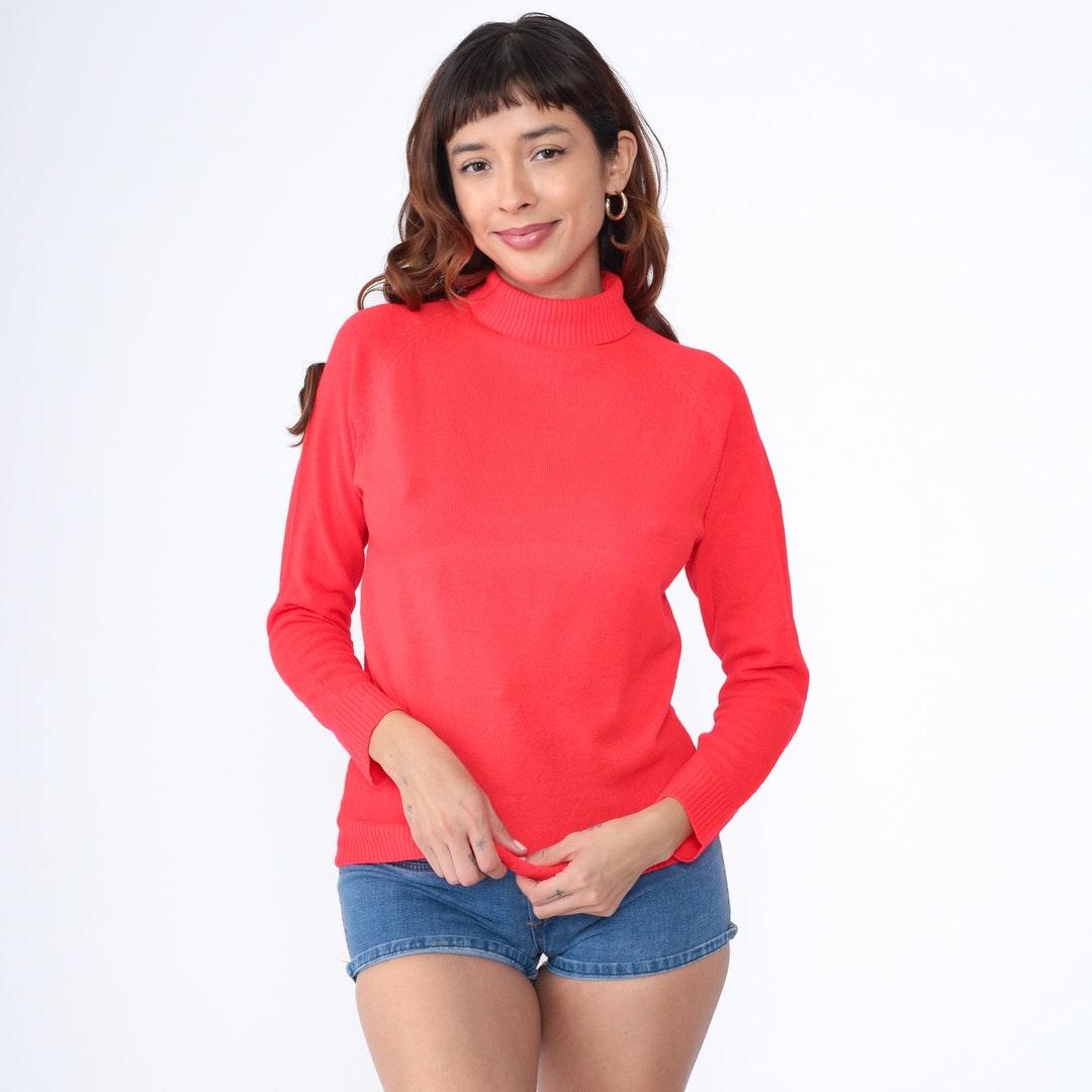Neon Red Sweater 70s Turtleneck Sweater Lightweight Acrylic Raglan ...
