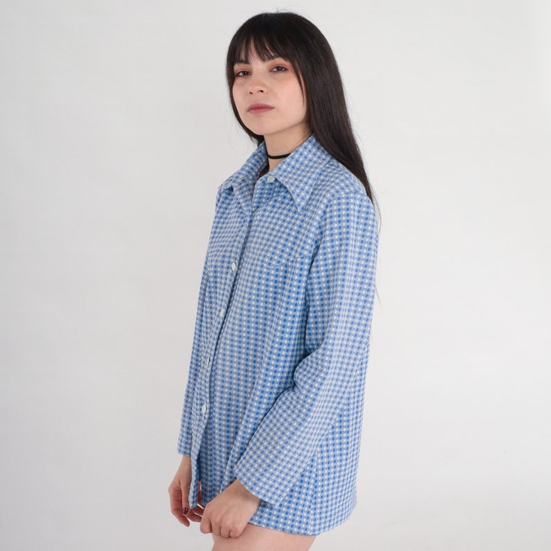 70s Western Shirt Blue Checkered Button up Blouse Long Sleeve - Etsy