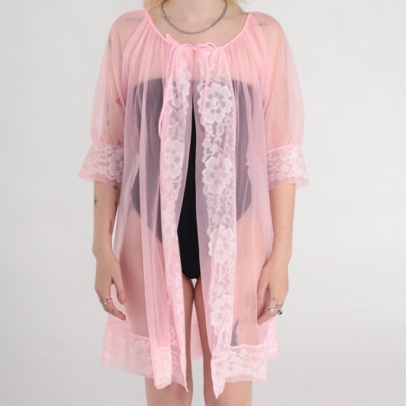 Pink Robe Lingerie Jacket 70s Pastel Sheer LACE Kimon… - Gem