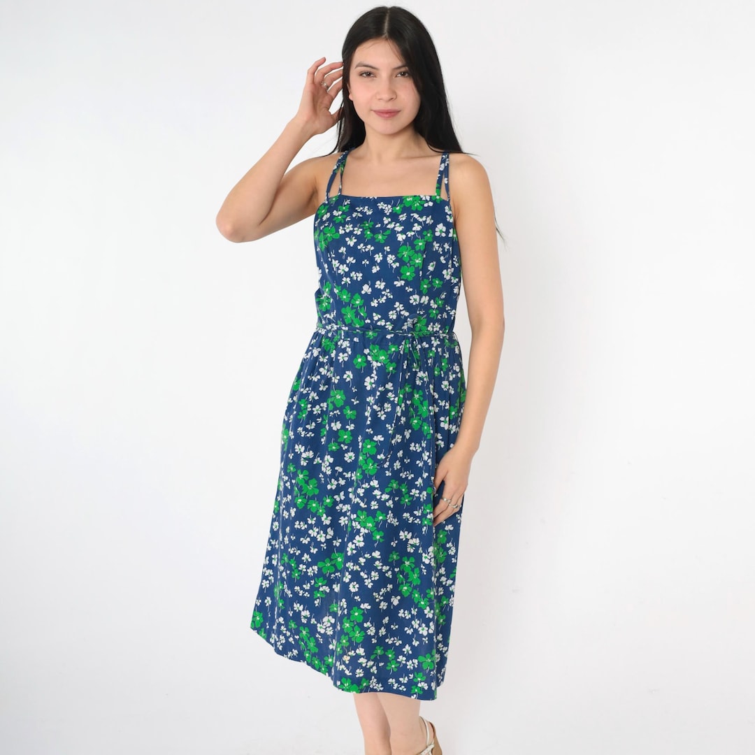 Vintage 70s Sun Dress Blue Floral Sundress Boho Midi Summer Smocked ...