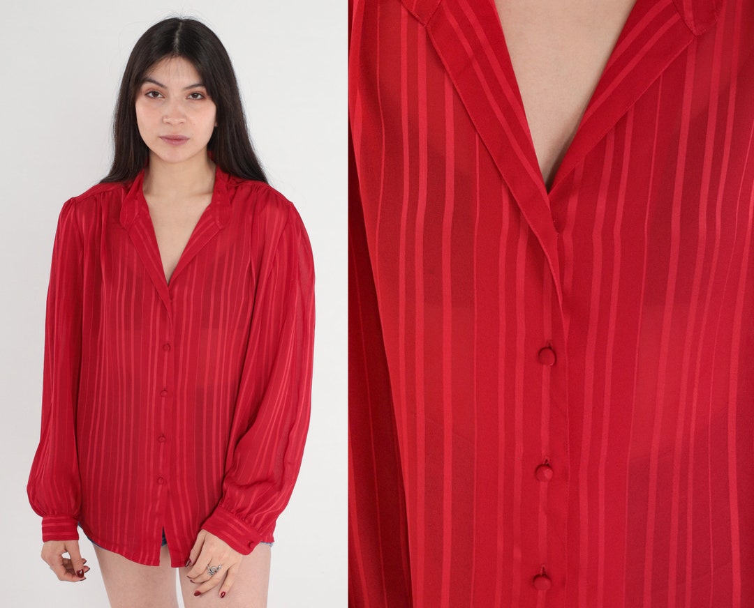 Red Striped Blouse 70s Semi-sheer Button up Top Puff Sleeve Shirt Retro ...