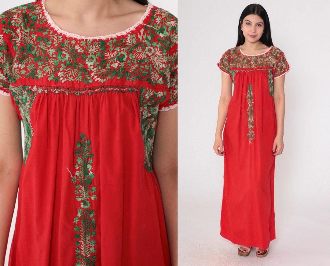 Oaxacan Maxi Dress 70s Red Mexican Embroidered Dress Floral Puebla Short Split Sleeve Tent ...