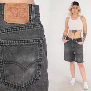 Faded Black Levi 550 Shorts 90s Levis Denim Shorts High Waisted Rise Jean Shorts Knee Length ...
