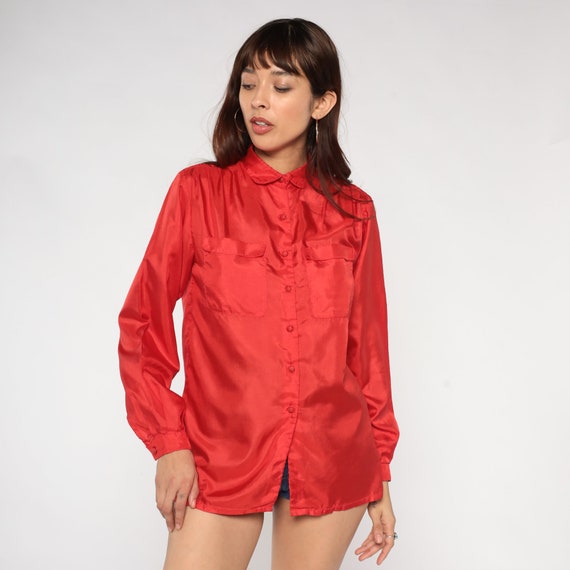 Red Button Up Blouse 80s Collared Shirt Retro Boho Pl… - Gem
