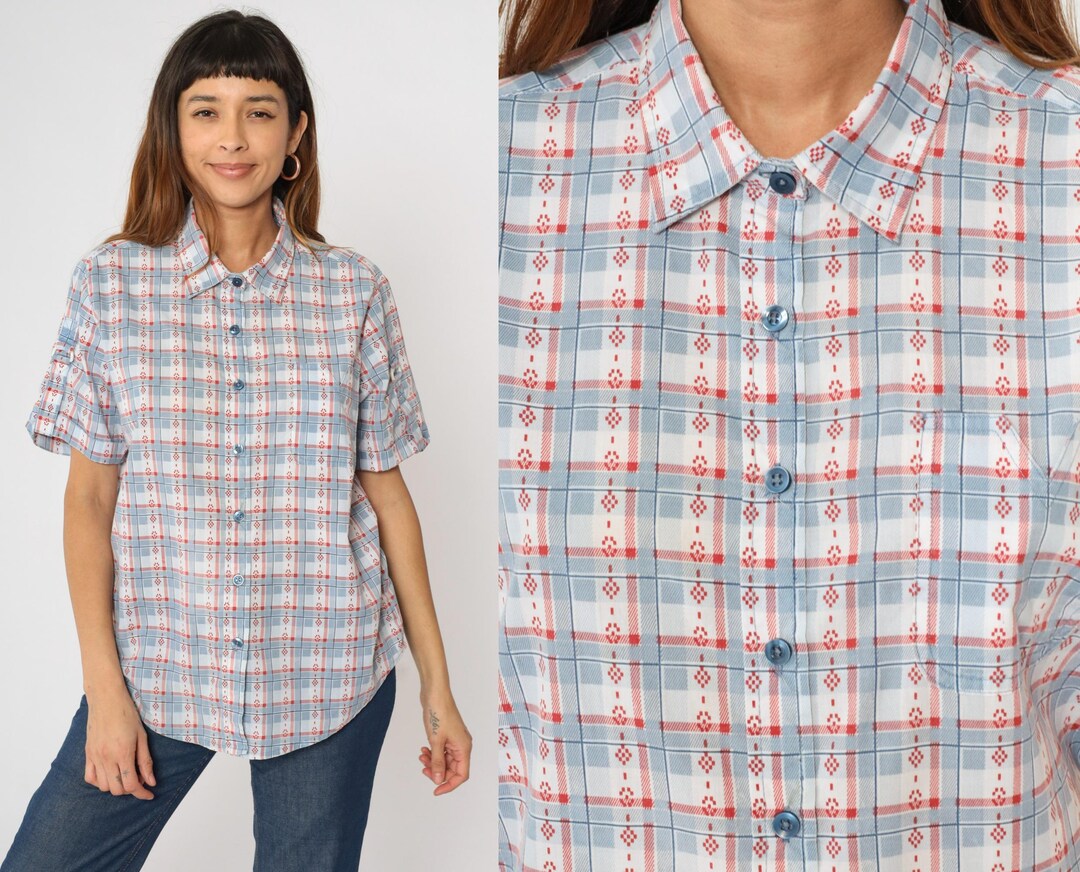 90s Blue Checkered Shirt Plaid Button up Blouse Short Sleeve Red White ...