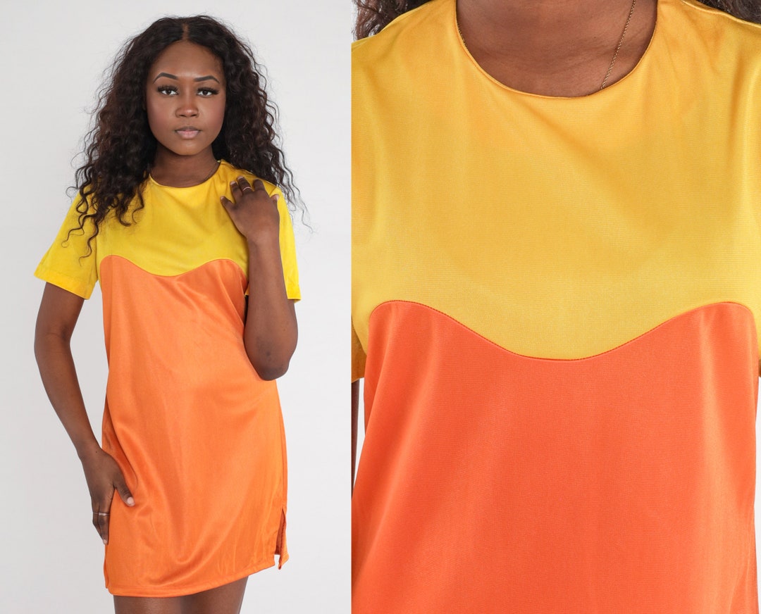 Vintage Mod Mini Dress Orange Color Block 60s 70s Space Age Shift Dress ...