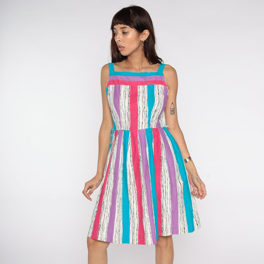 1960s Sun Dress Striped SUNDRESS 60s Cotton Day Dress Knee Length Sun ...