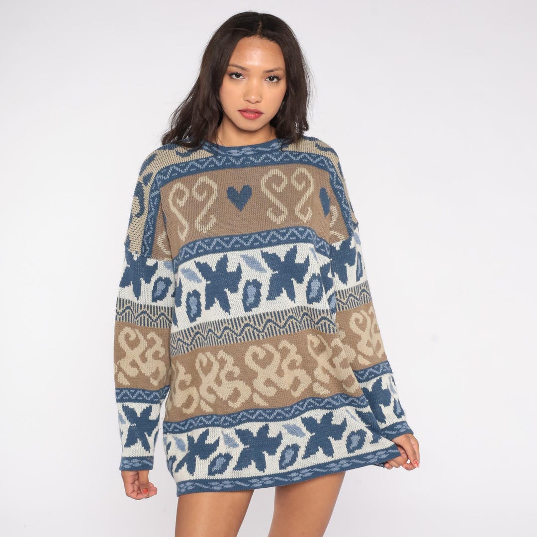 80s Fair Isle Sweater Nordic Hearts Pattern Blue Brown Paisley Academia ...