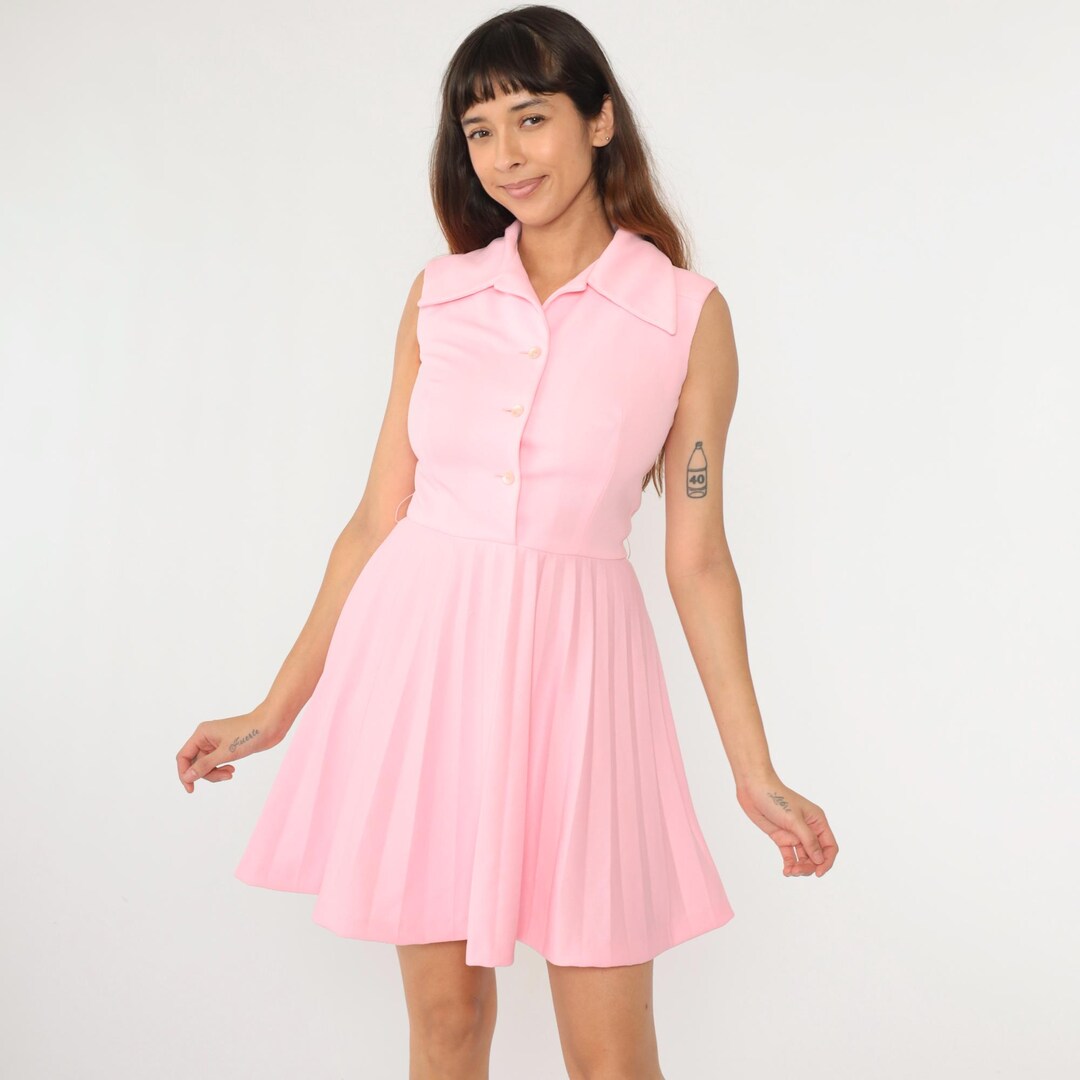 70s Mod Dress Baby Pink Pleated Mini Dress 60s High Waist Tennis Dress ...