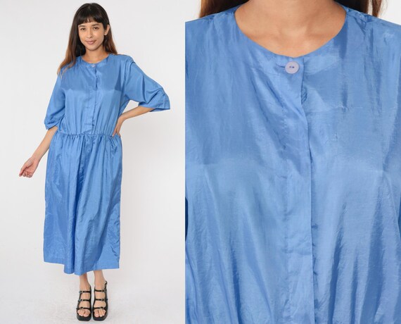 Vintage Shirt Dress 80s Shiny Blue Midi Shirtwaist 1/… - Gem