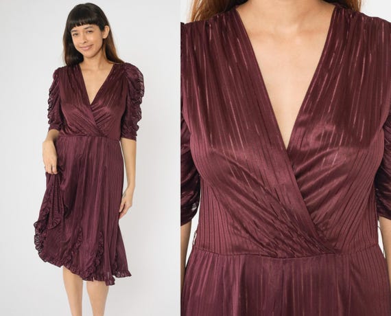 Vintage Sheer Wrap Dress 70s 80s Ruffled Plum Burgund… - Gem