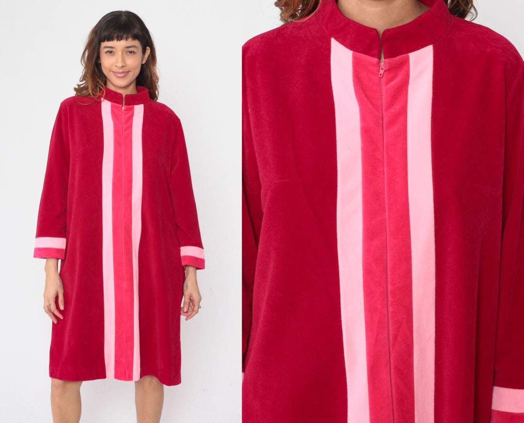 Velour Robe Dress 70s Mini Raspberry Red Pink Stripe Vanity Fair Lounge ...