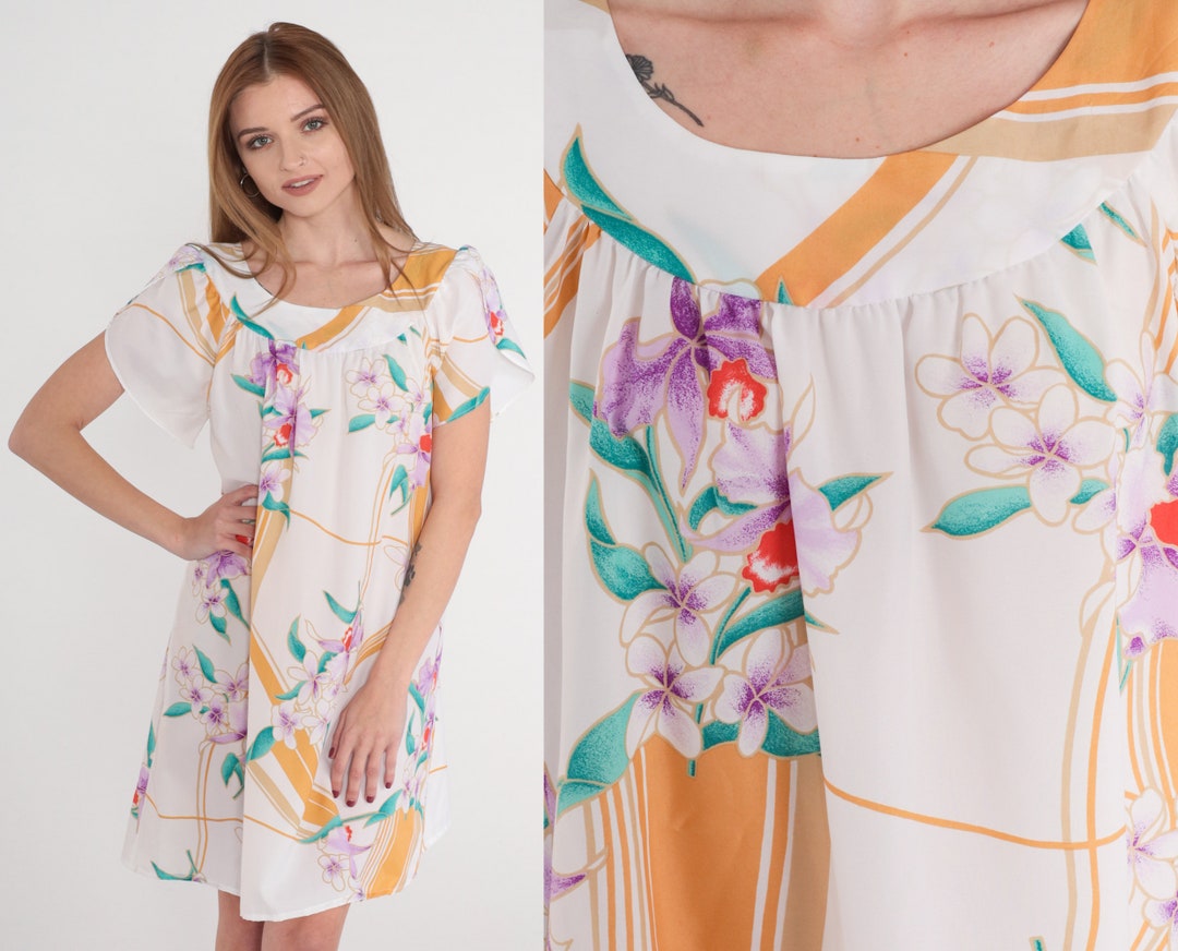 Tropical Mini Dress 80s White Floral Dress Hawaiian Aloha Boho Tulip ...