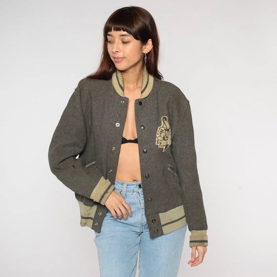 50s Varsity Jacket Grey Wool Baseball Jacket Retro Le… - Gem