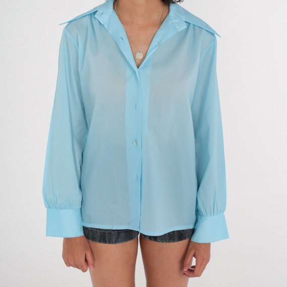 Blue Blouse 70s Disco Top Semi-Sheer Button Up Shirt … - Gem