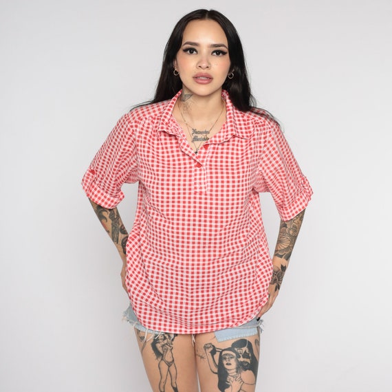 Gingham Tunic Top Red Checkered Shirt 80s Plaid Blous… - Gem