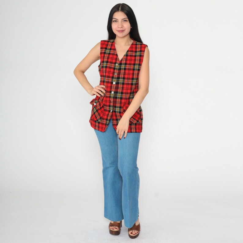 60s Plaid Vest Red Checkered Button up Vest Sleeveless Jacker Retro ...