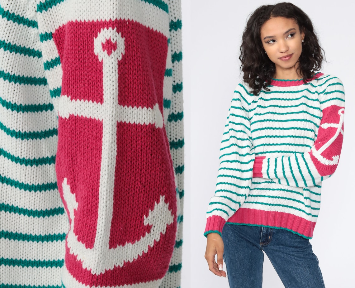 Nautical Anchor Sweater Striped 90s Knit White Green Yacht | Etsy