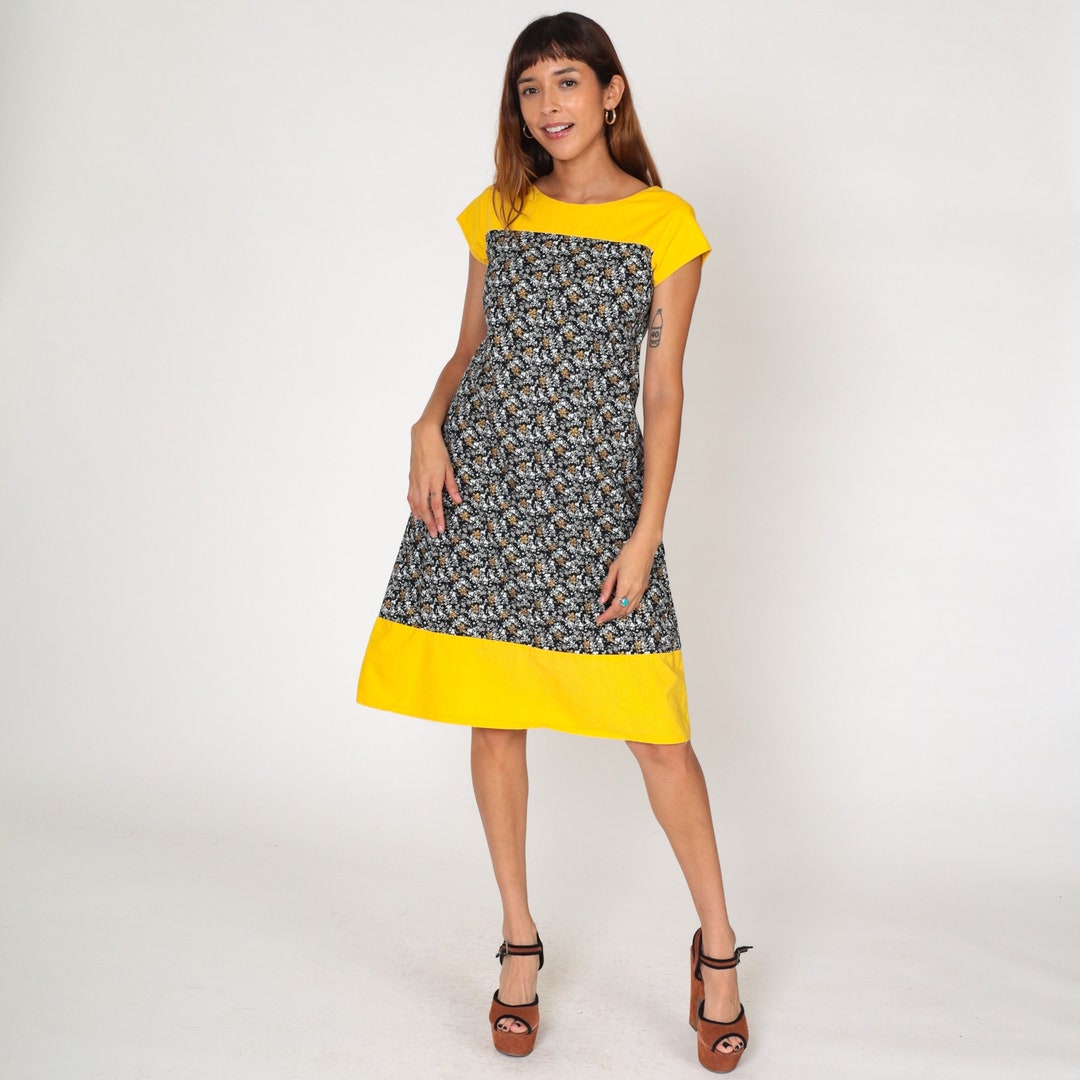 60s Mod Dress Yellow Black Floral Mini Hippie Vintage 70s Boho Cap ...