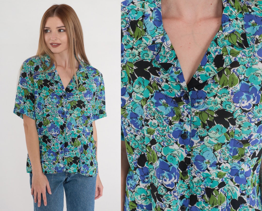 Blue Floral Blouse 90s Button up Shirt Retro Collared Short Sleeve Top ...