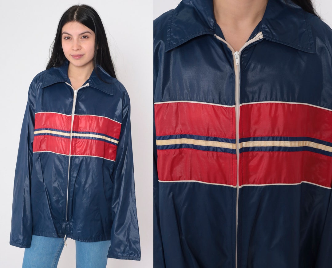 Packable Jacket 80s Navy Blue Striped Windbreaker Zip up Shell Coat ...