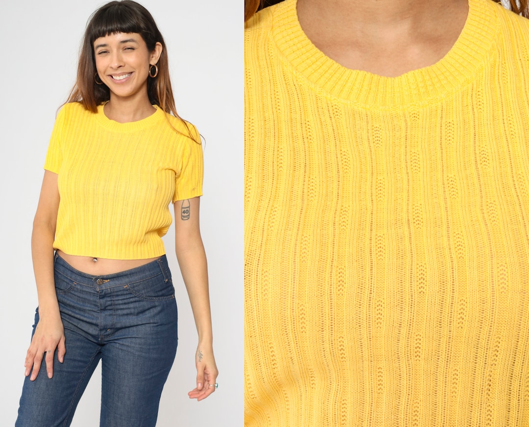 Yellow Cropped Sweater Top 90s Ribbed Knit Shirt Short Sleeve Sweater ...