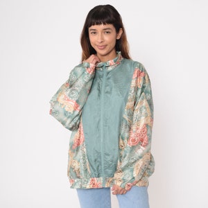 Floral Windbreaker Jacket 90s Sage Green Baroque Rococo Rose Print Retro Jacket Pink Cream ...