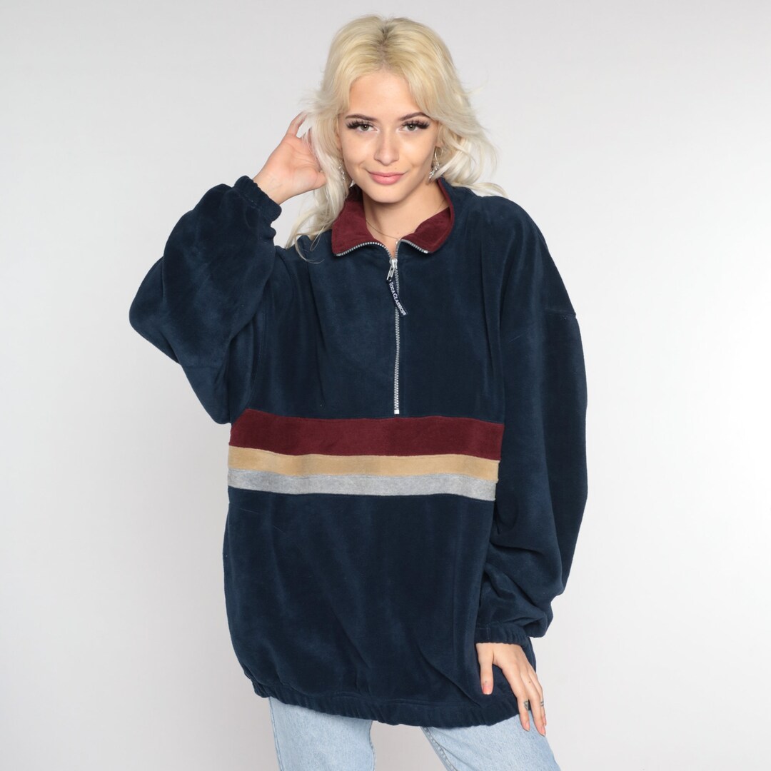 Fleece Pullover Sweatshirt Jacket 90s Navy Blue Striped Jacket Quarter ...