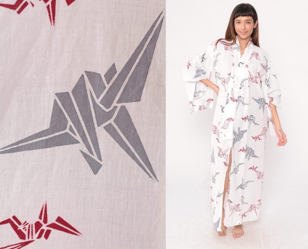 Origami Crane Kimono Robe 80s White Maxi Long Cotton Duster Bird Print ...