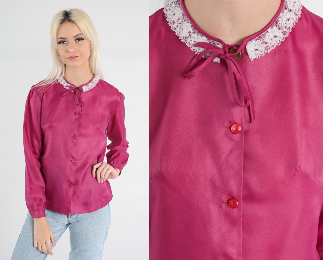 80s Puff Sleeve Blouse Raspberry Pink Top Lace Collar Button up Shirt Bow Neck Secretary Party ...