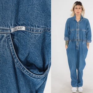 Denim Jumpsuit 90s Ideas Coveralls Blue Jean Snap up Boiler Suit 3/4 ...