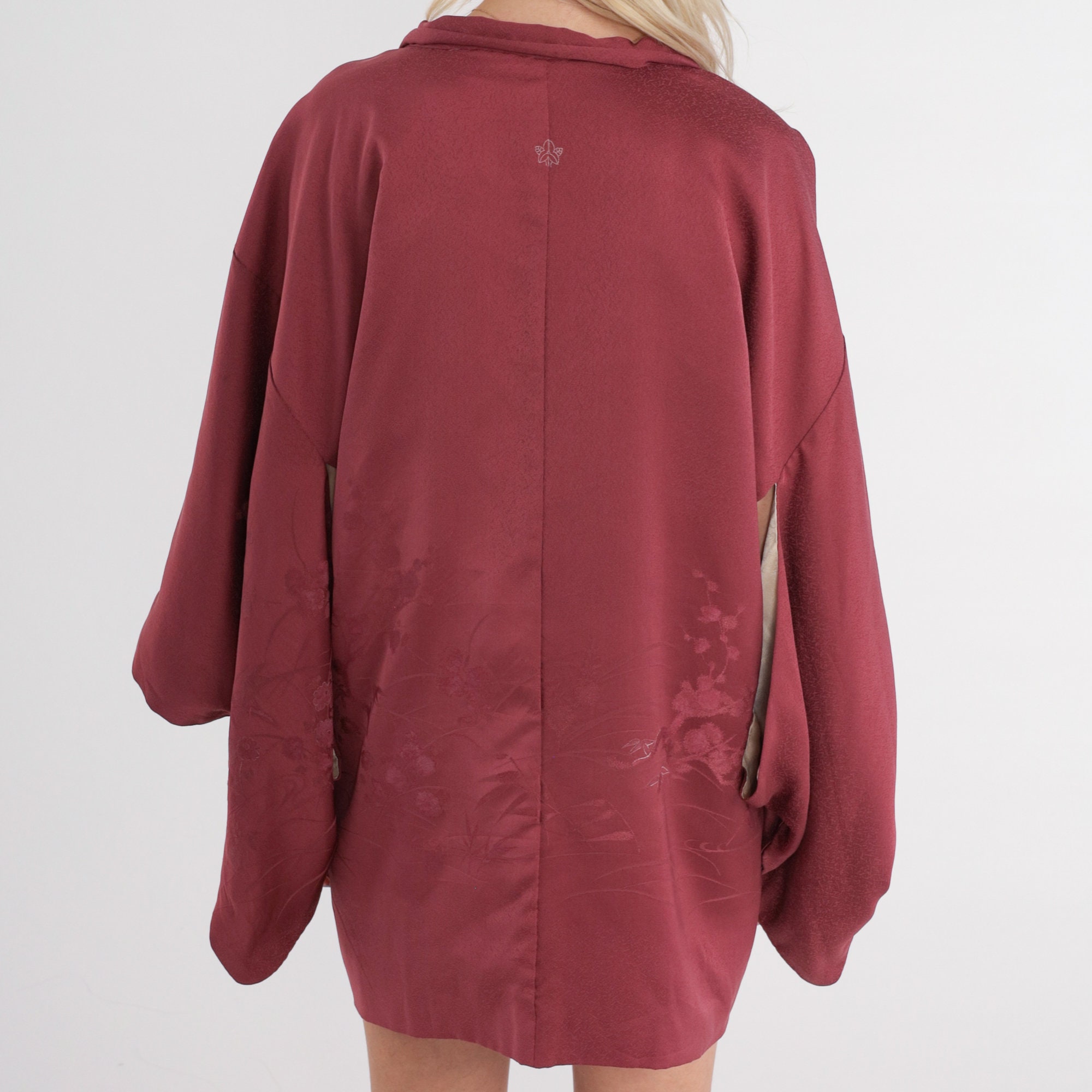 Berry Silk Kimono Robe 70s Floral Embossed Jacket Open Front Berry Silk Kimono Robe 70s Floral Embossed Jacket Open Front