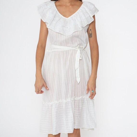 80s Prairie Dress White Sheer Ruffle Stripe Tie Waist… - Gem