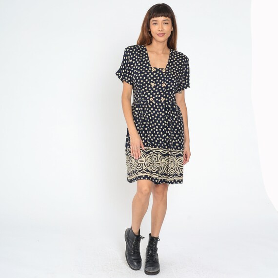 Popcorn Print Dress 90s Mini Double Breasted Button U… - Gem