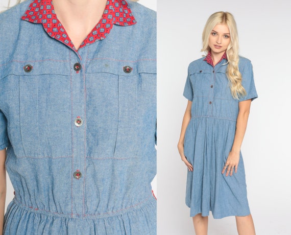 Denim Mini Dress 80s Day Dress Blue Button up Dress Jean Red - Etsy