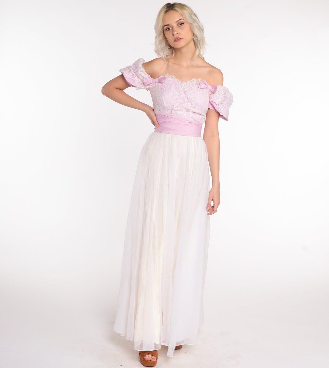 70s Prom Dress Chiffon Lace Dress Purple White Party Dress Pastel Puff ...