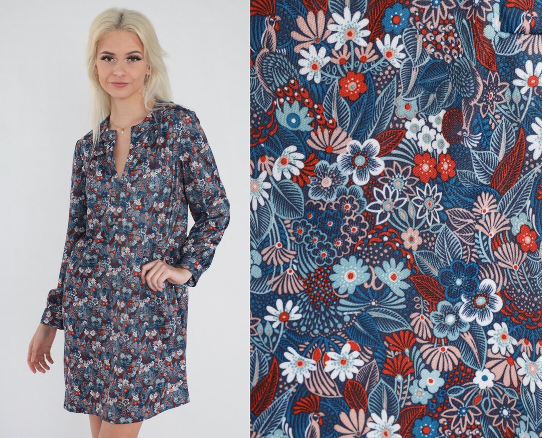 Floral Mini Dress 70s Day Dress Long Sleeve Shift Dress V Neck Navy ...