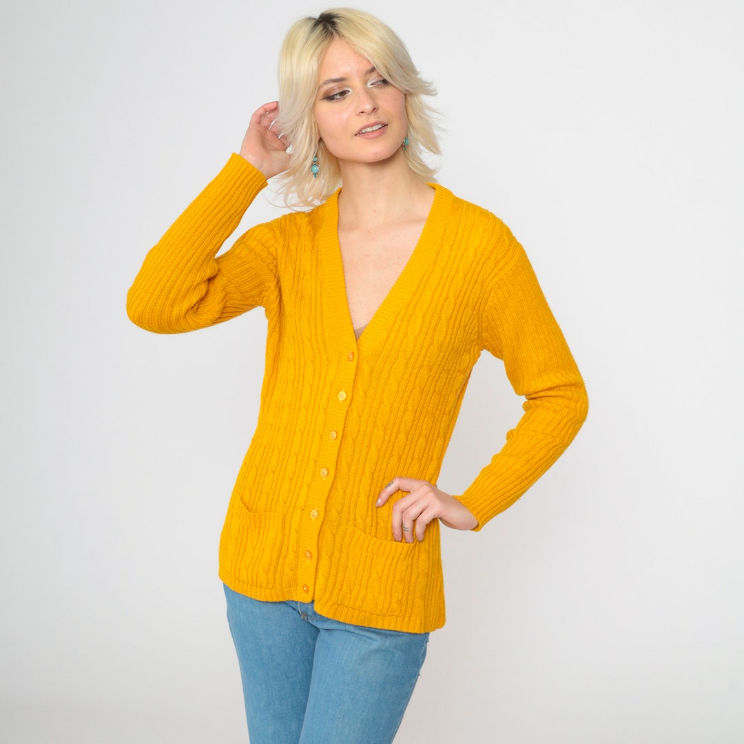 Tangerine Cable Knit Cardigan 70s Boho Sweater Bright Orange V Neck ...