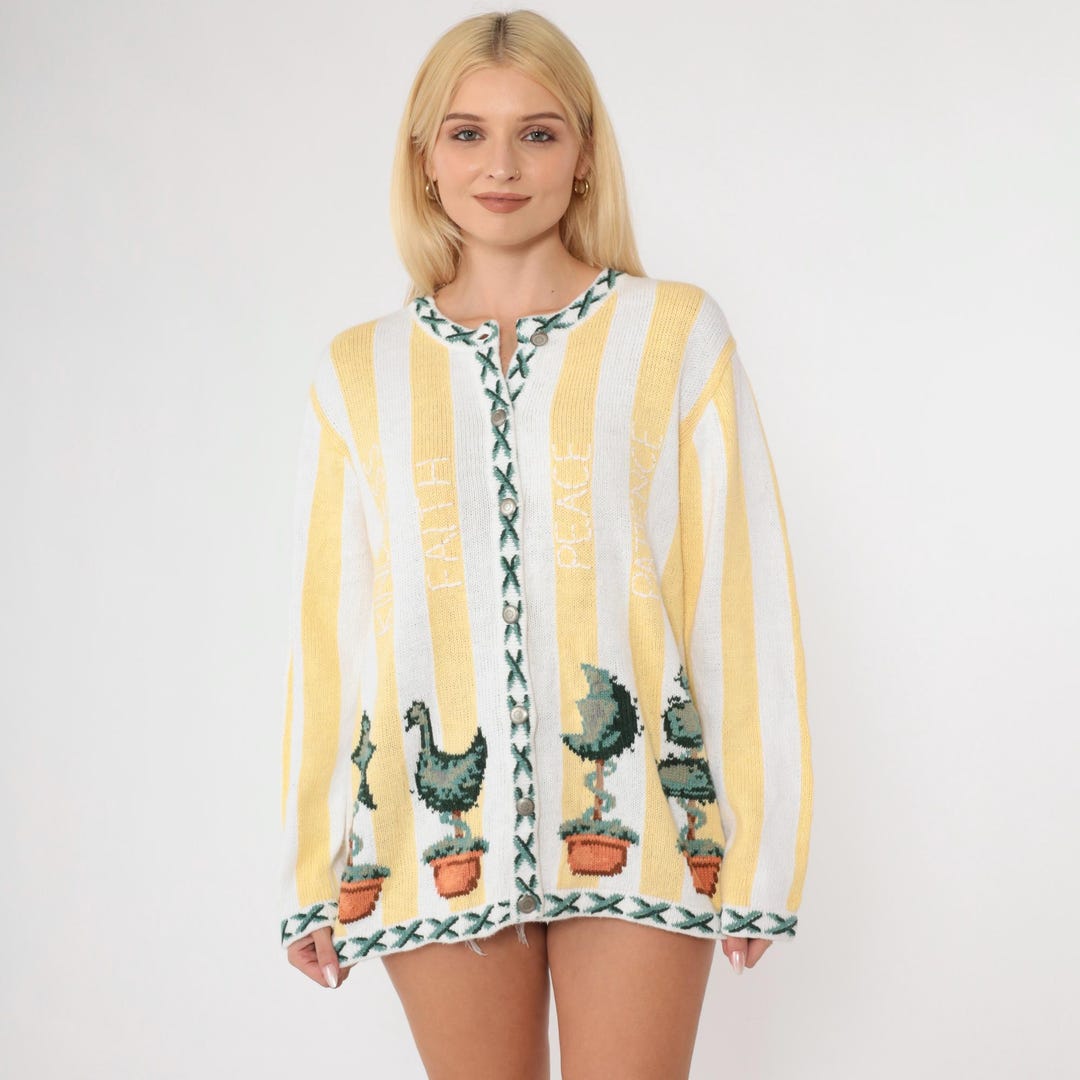 Vintage Quacker Factory Cardigan Sweater 90s Yellow Striped Topiary ...